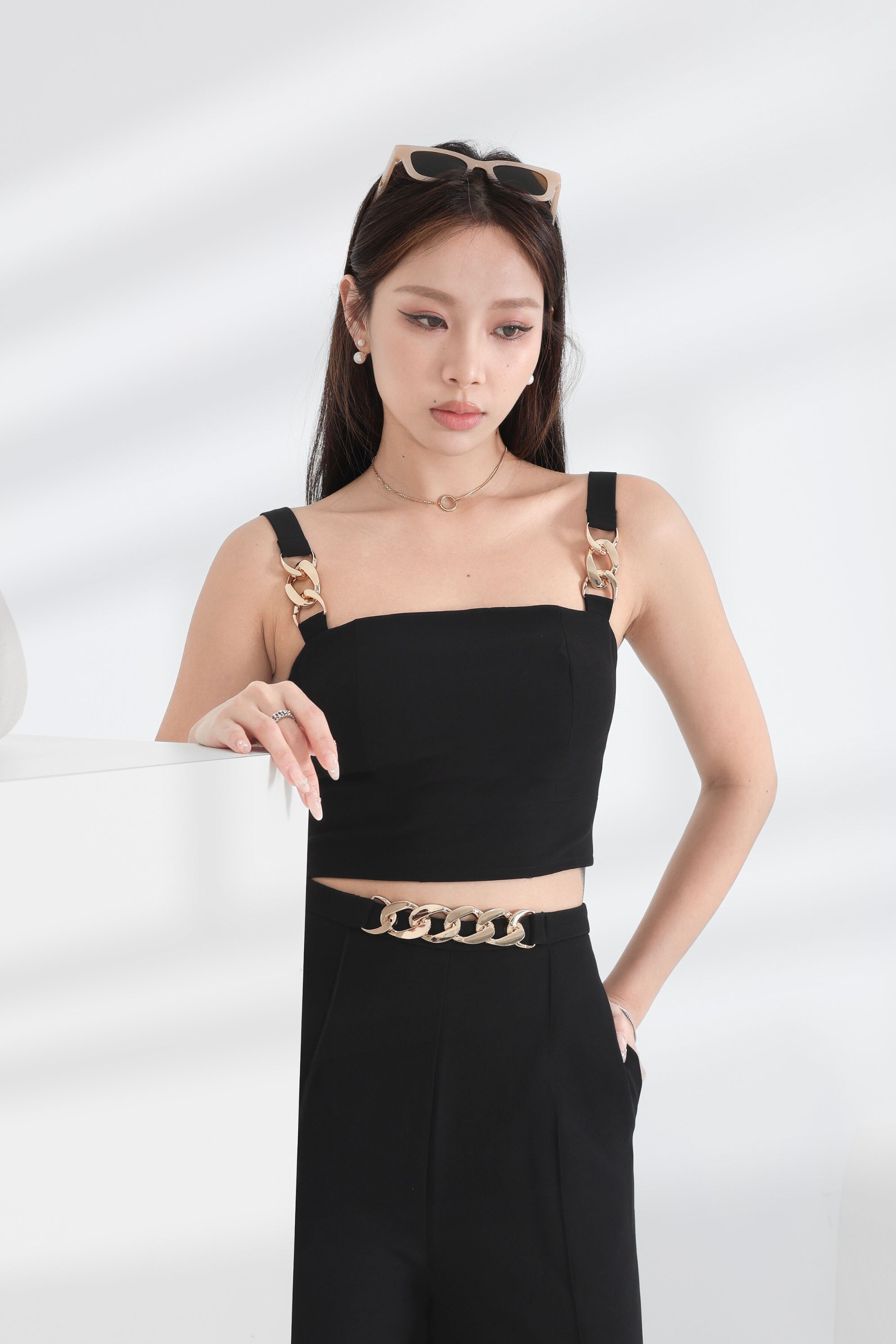 *TPZ* RUNWAY PADDED TOP IN BLACK WITH CHAMPAGNE GOLD HARDWARE | TOPAZETTE