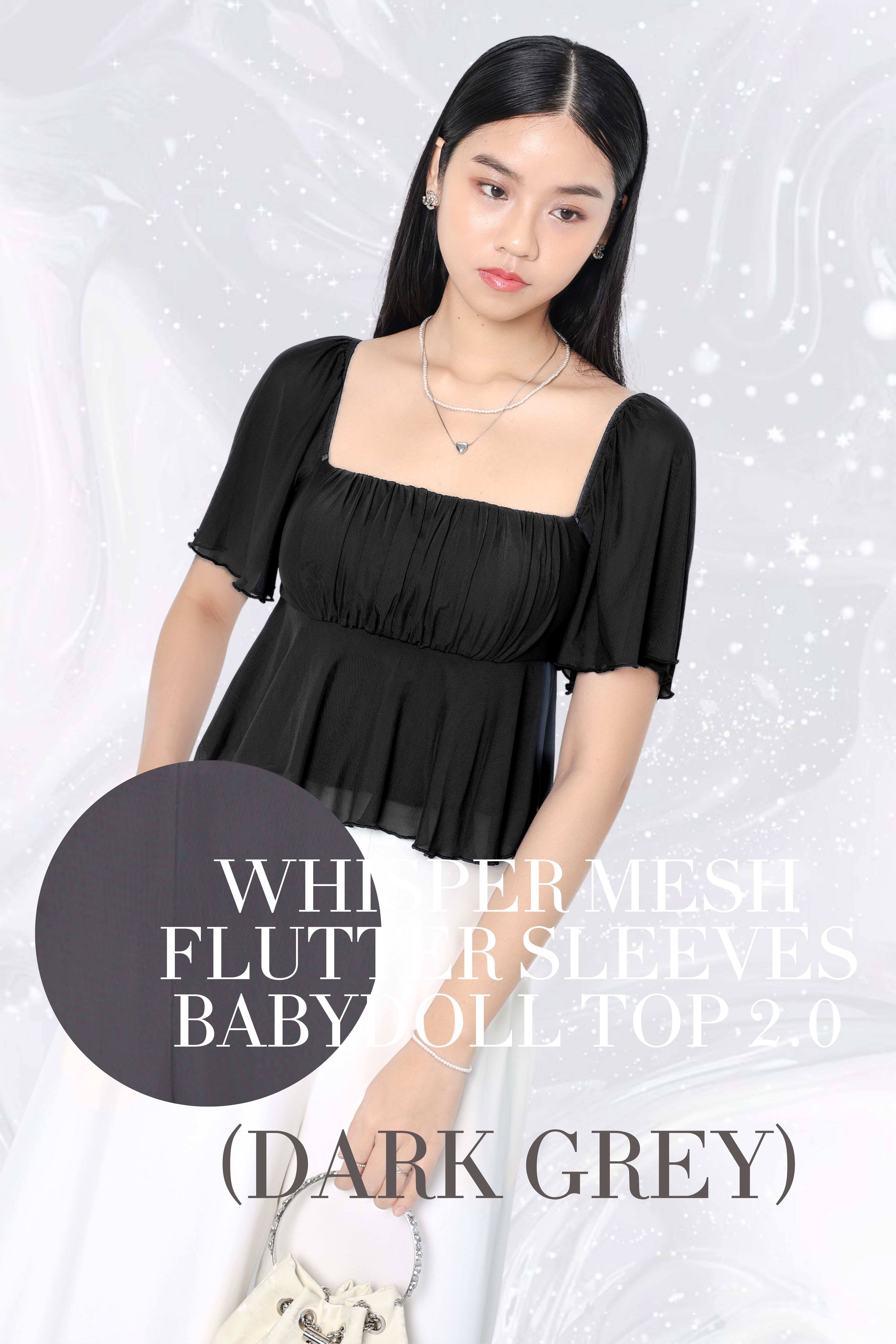 (PO ETA: MID AUG) *TPZ LUXE MESH* WHISPER MESH FLUTTER SLEEVES BABYDOLL TOP 2.0 IN DARK GREY ...