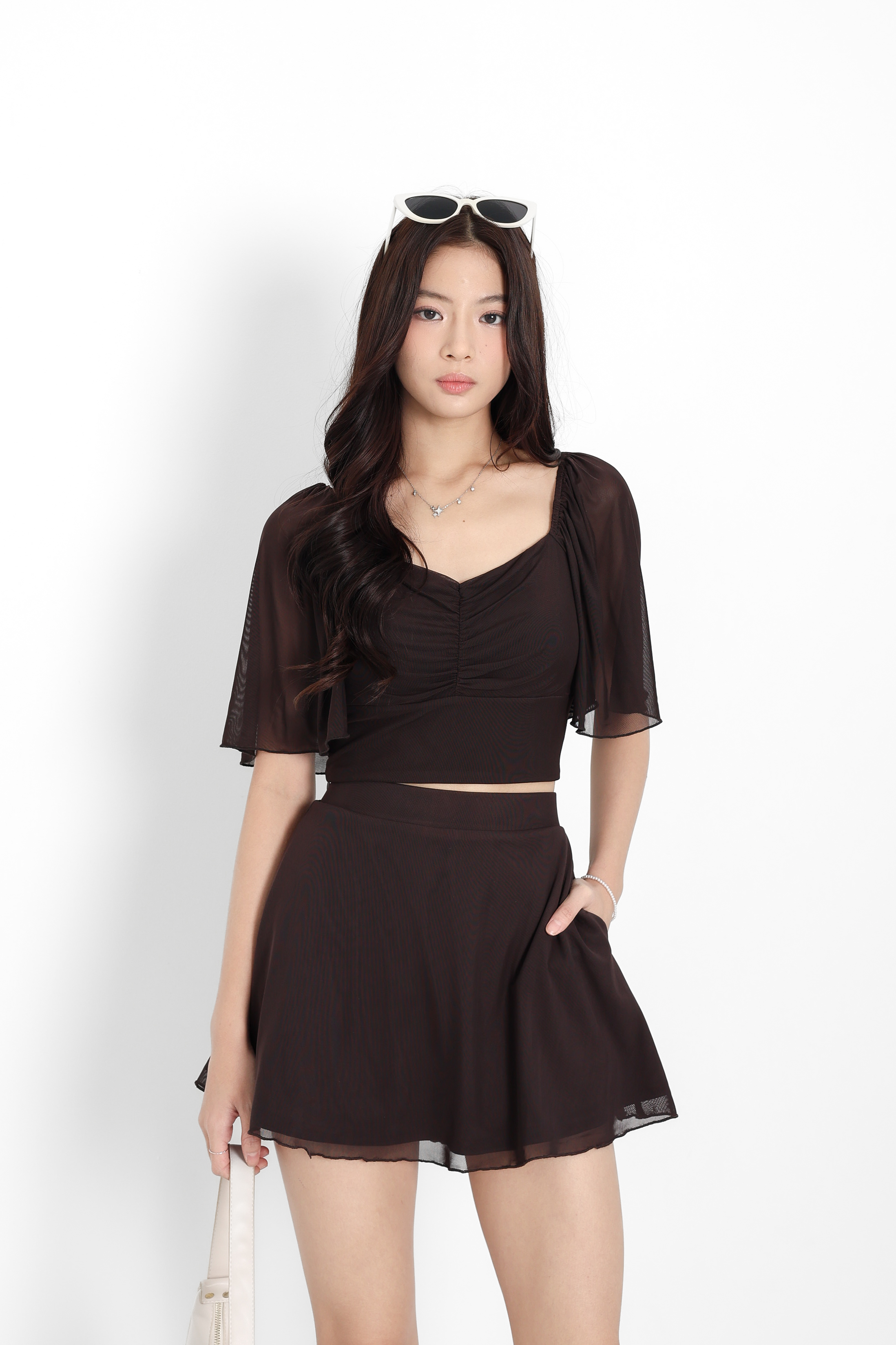 *TPZ LUXE MESH* DYNASTY FLUTTER SLEEVES TOP 5.0 IN FRIGGIN' BROWN | TOPAZETTE