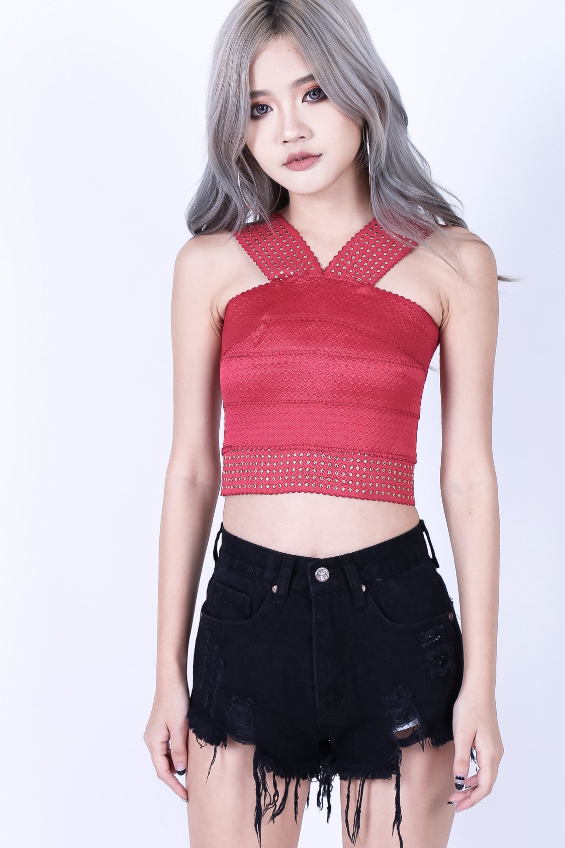 STUDDED BANDAGE BODYCON TOP IN WINE | TOPAZETTE